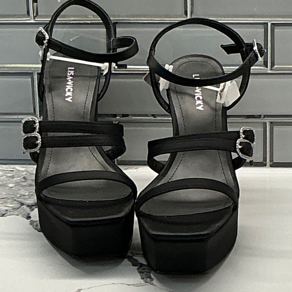 Lisa Vicky | Shoes | Lisa Vicky Babe Black Satin Block Heels Rhinestone ...